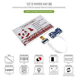 Waveshare 7.5inch E-Paper E-Ink Display HAT Compatible with Raspberry Pi 5/4B/3B/Zero/Zero W/Zero 2W/Pico/Pico W/Pico WH, 800×480 Pixels Red/Black/White Three-Color SPI Interface