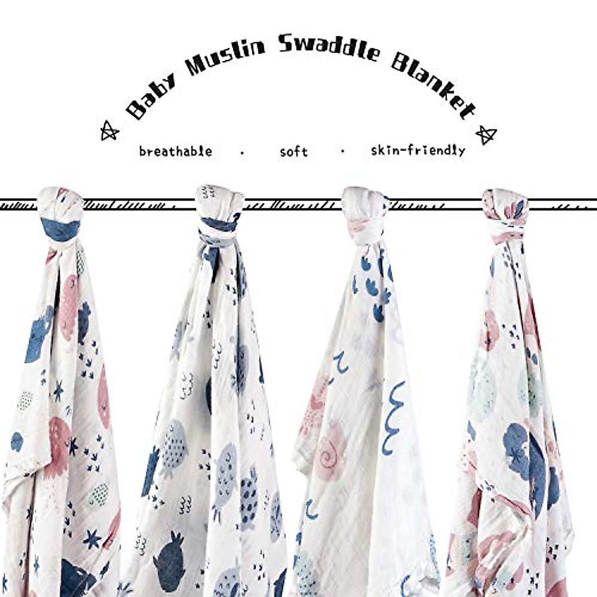 Viviland Muslin Swaddle Blanket, Baby Swaddle Blanket for Boys & Girls, Nursery Receiving Blanket for Newborn, Baby Swaddle Wrap Soft Silky & Breathable, 4 Packs, 47 X 47In, Mermaid & Sea