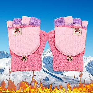 Aniywn Winter Knitted Convertible Fingerless Gloves Mittens Cute Warm Mitten Gloves for 3-7 Years Old Kids Boys Girls