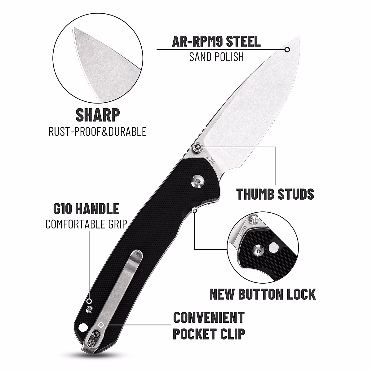 CJRB Folding Knife Pyrite (J1925) AR-RPM9 Blade and G10 Handle EDC Pocket Knife with Clip Black