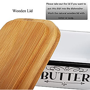 Yesland Butter Dish with Wooden Lid - Unbreakable Enamel Butter Container - Large Vintage Farmhouse Style Butter Keeper for 2 Sticks of Butter East or 1 West Coast Butter(White and Brown)