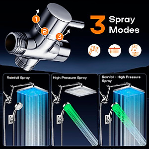 PinWin LED Shower Head, 8'' Large LED Rainfall Shower Head with 16'' Adjustable Upgraded Extension Arm,High Pressure Handheld Spray with LED Color Changing Based on Water Temperature,Easy Installation