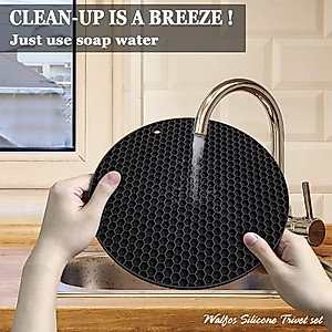 Silicone Trivet Mats - Walfos Heat Resistant Pot Holders Set, 4pcs 2 Sizes 7 Inch & 9 Inch, Multipurpose Non-Slip Hot Pads for Hot Pot, Hot Dishers, Jar Opener, Food Grade & BPA Free (Black)