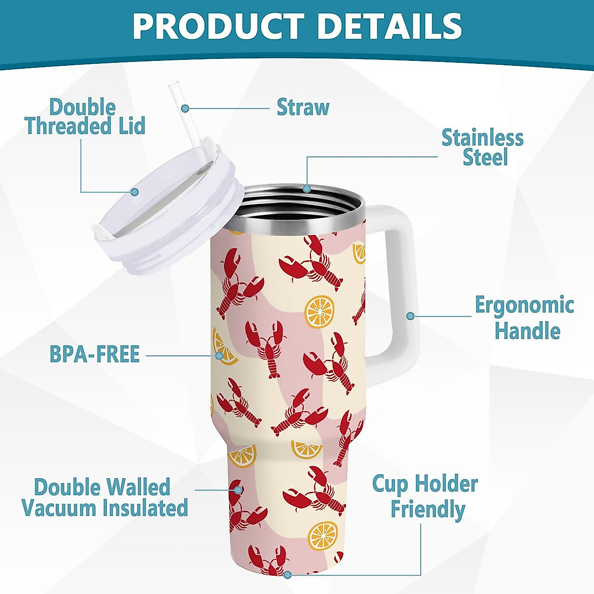 Slewiaeky Skinny Shrimp Lobster 40 oz Tumbler with Handle Straw and Lid Crayfish Stainless Steel Vacuum Insulated Reusable Water Bottle Glasses Travel Mug Thermal Cup for Home Office Car