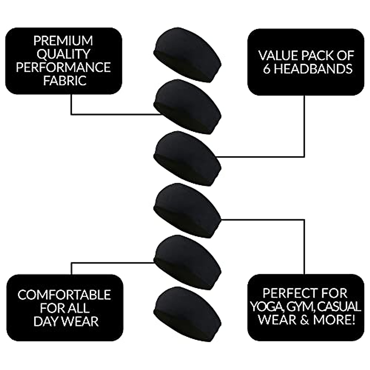 Styla Hair Solid Headband for All Hair Types – 6 Pack Wide Headbands for Women in Soft Stretch Fabric for All Day Wear – Trendy & Stylish Headbands for Women's Hair (Black)
