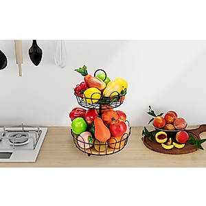 2-Tier Farmhouse Fruit Basket Stand, Wire Fruit Vegetables Countertop Storage Rack, Multifunctional Detachable Bread Snack Holder Bowl for Kitchen and Bathroom Organization - Black