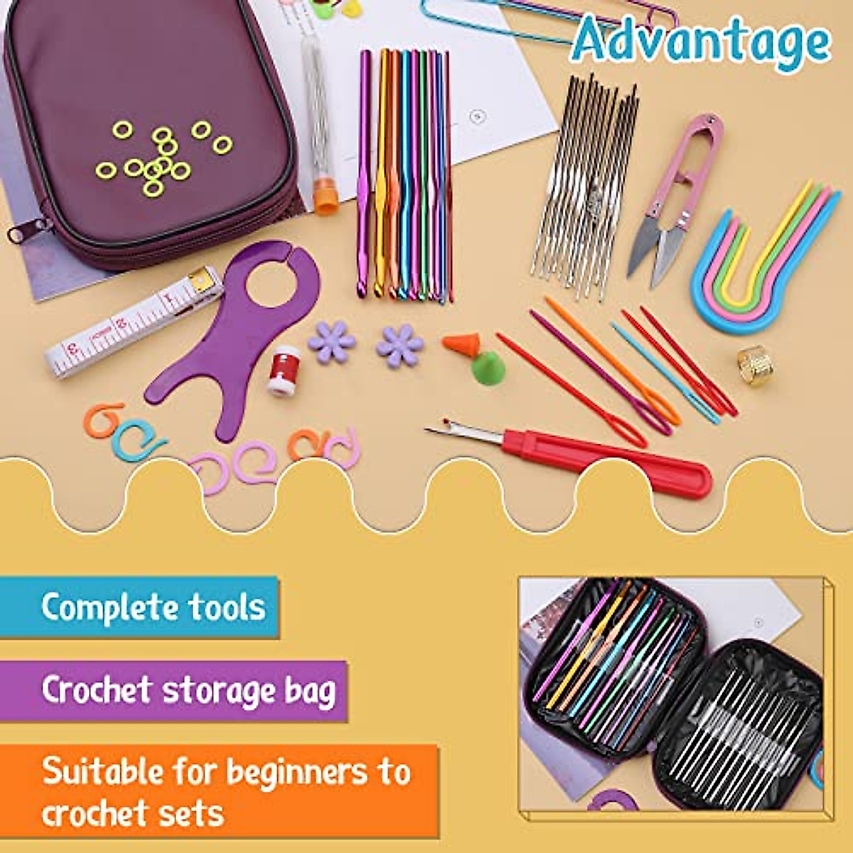 IMZAY 110 Pcs Crochet Hooks Set, Crochet Kit Crochet Hooks Kit with Storage Case, Ergonomic Knitting Needles Blunt Needles Stitch Marker DIY Hand Knitting Craft Art Tools for Beginners-Purple