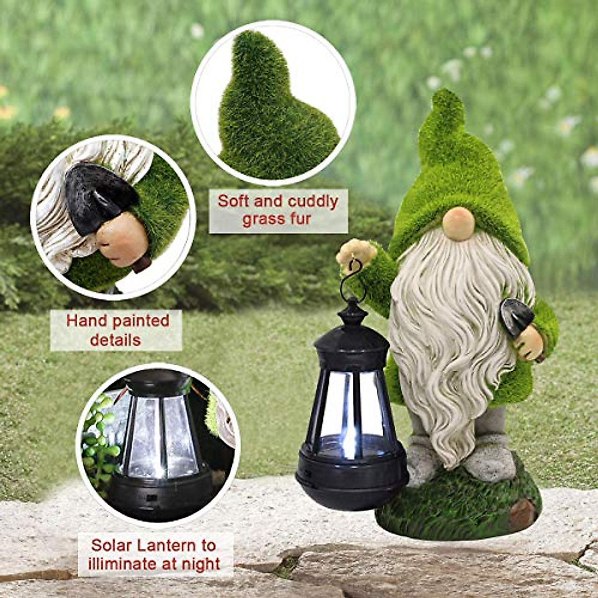 LNPNRENG Solar Garden Statue of Gnome Figurine with Lantern - Outdoor Lawn Decor Flocked for Patio, Balcony, Yard, Ornament Unique Housewarming Gift Lovers(11.8 Inch)