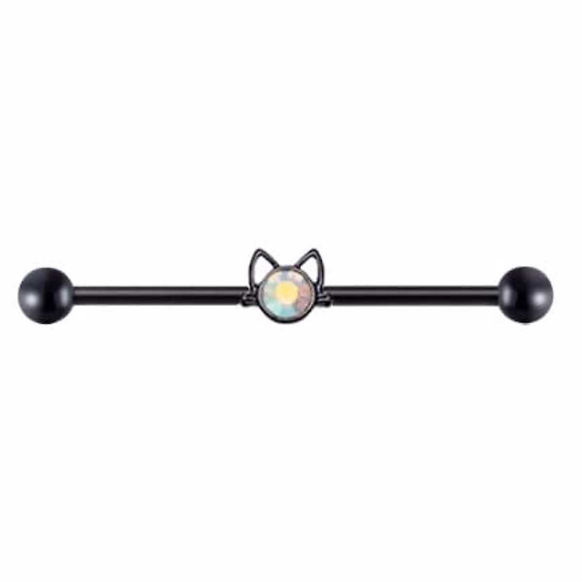 Pierced Republic 14G Industrial Stainless Steel Barbell with Black Cat Face & Gem - 14 Gauge Cartilage Industrial Ear Piercing Jewelry, silver