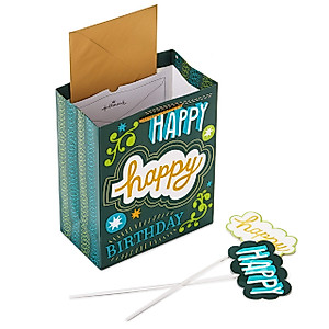 Hallmark 9" Medium Birthday Gift Bag with Tissue Paper and Mini Signs (Happy Happy Birthday, Green, Grey, Blue Hand lettering)