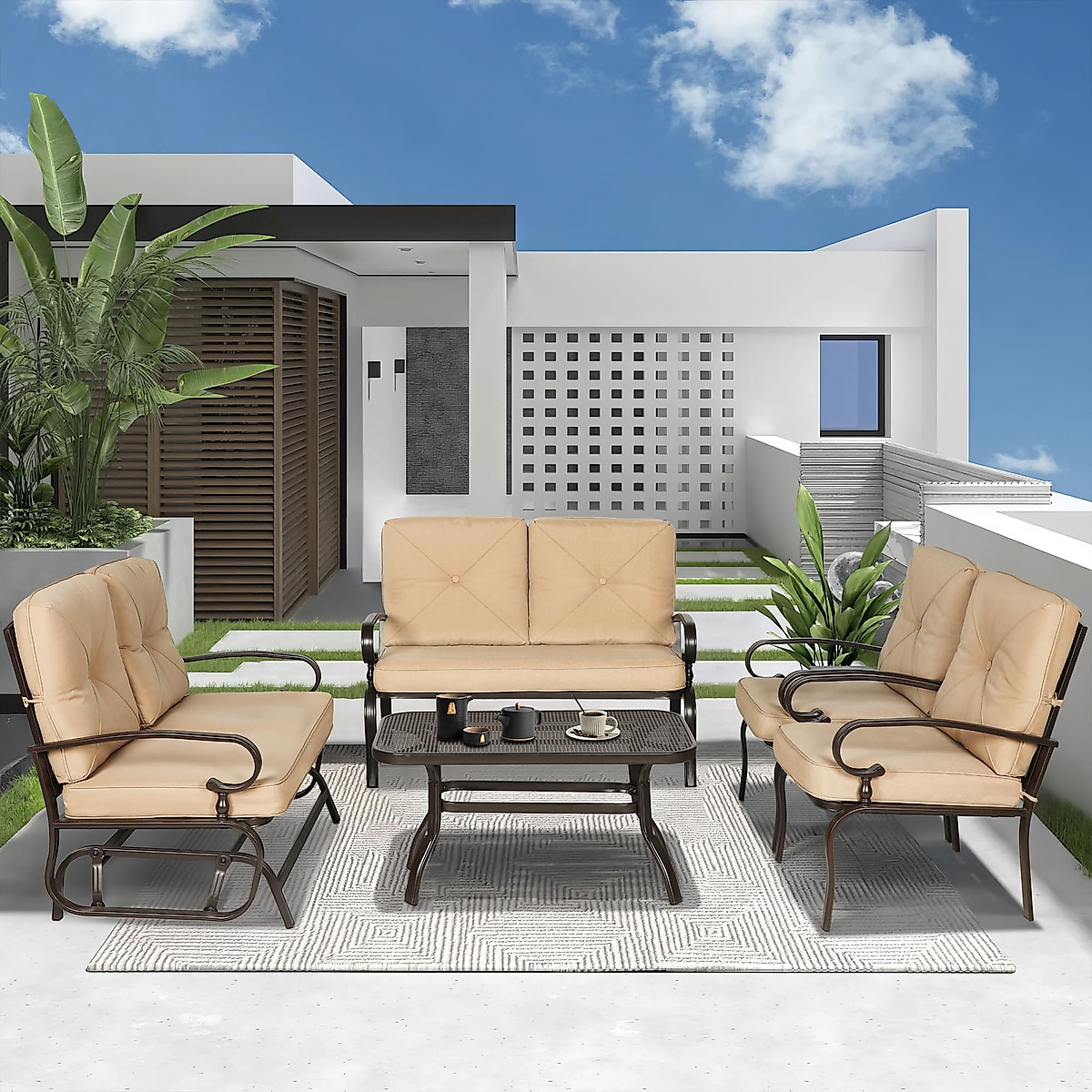 Incbruce 5 Pcs(6 Seats) Outdoor Metal Furniture Sets Wrought Iron Patio Conversation Sets, (Glider, 2 Single Chairs, Loveseat, and Coffee Table) with Cushion (Brown)