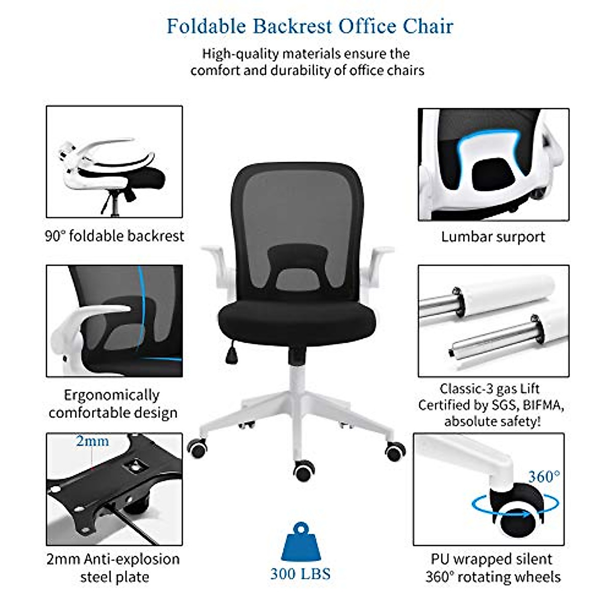 IPKIG Foldable Office Chair - Home Office Desk Chairs with Wheels and Flip-Up Arms - Foldable Backrest Mesh Computer Chair Adjustable Swivel Rolling Home Executive (White)