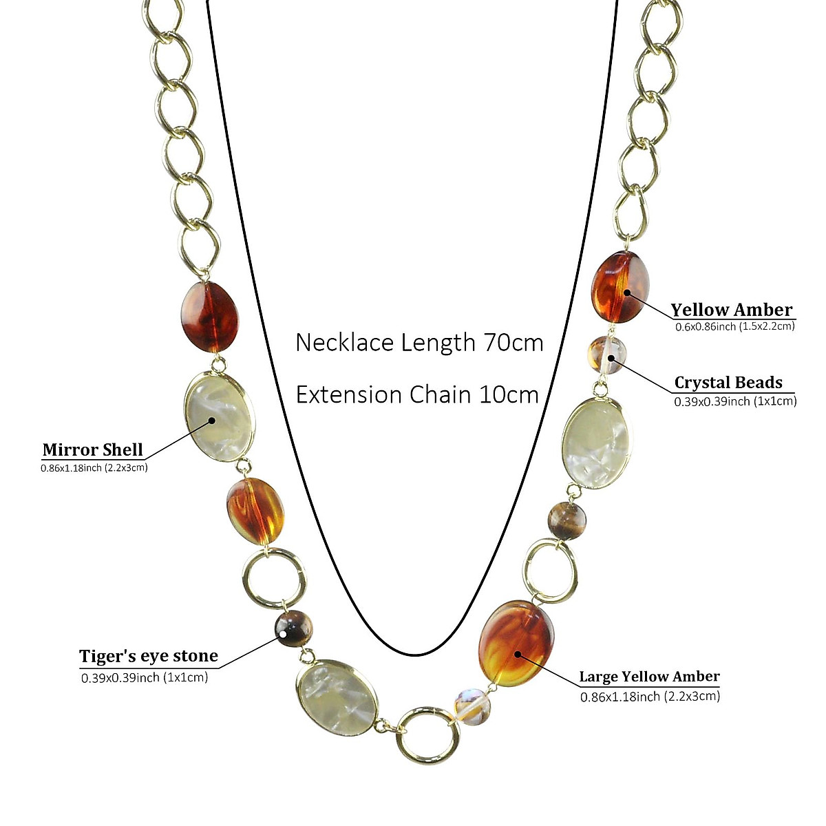 AEQBBQRE Women Boho Long Necklaces Trendy 14K Gold Plated Chain Genuine Natural Stone Necklace Tiger Eye Crystal Bead Imitation Agate Shell Jewelry For Fashion Girls
