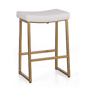 MAISON ARTS White & Gold Bar Stools Set of 4 Counter Height 24 Inches Saddle Stools for Kitchen Counter Backless Modern Gold Barstools Upholstered Faux Leather Stools Farmhouse Island Chairs