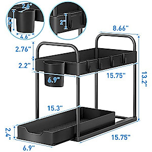 PXRACK 2-Tier Under Sink Organizer, Sliding Under Bathroom Cabinet Storage Drawer Basket Organizer Rack with Hooks, Hanging Cup, Handles, Under Sink Shelf Organizer for Bathroom, Kitchen