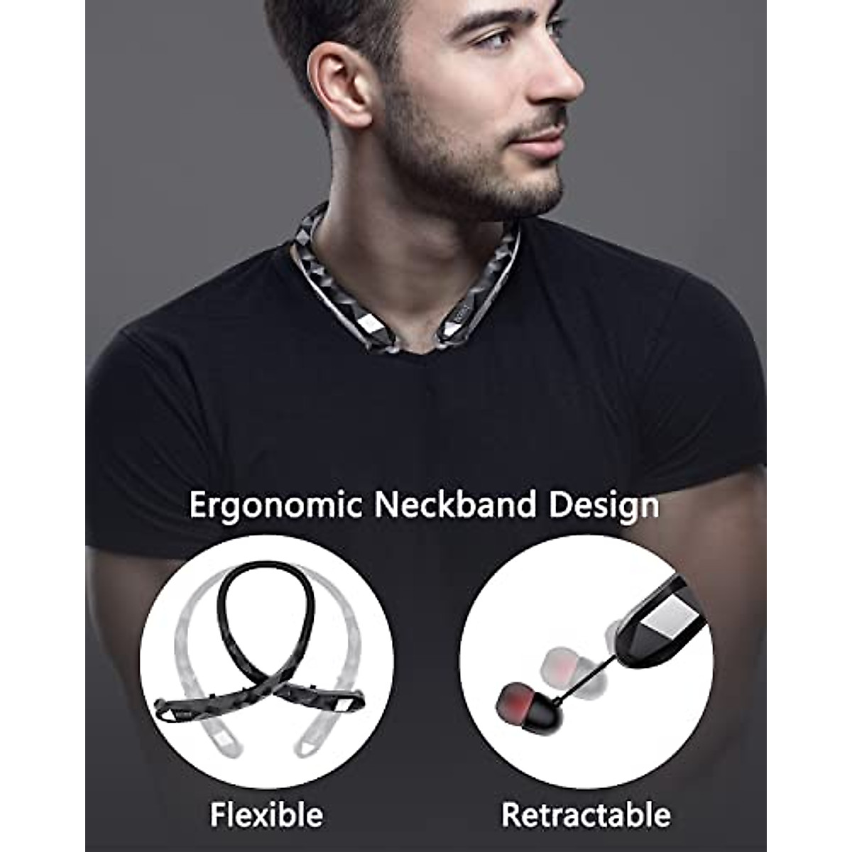 Bluetooth Headphones, Wireless Neckband Headset with Retractable Earbuds, Stereo Earphones w/Noise Canceling Mic for Conferences, Work Out, Travel, Compatible with Android iPhone