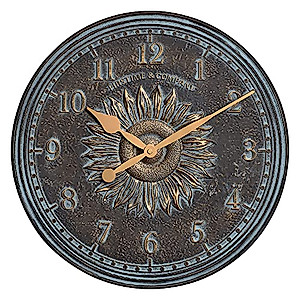FirsTime & Co. Verdigris Calisto Sunflower Outdoor Wall Clock and Thermometer 2-Piece Set, Round, Waterproof Wall Clock for Patio, Home, Plastic, 16 x 1.12 x 16 inches