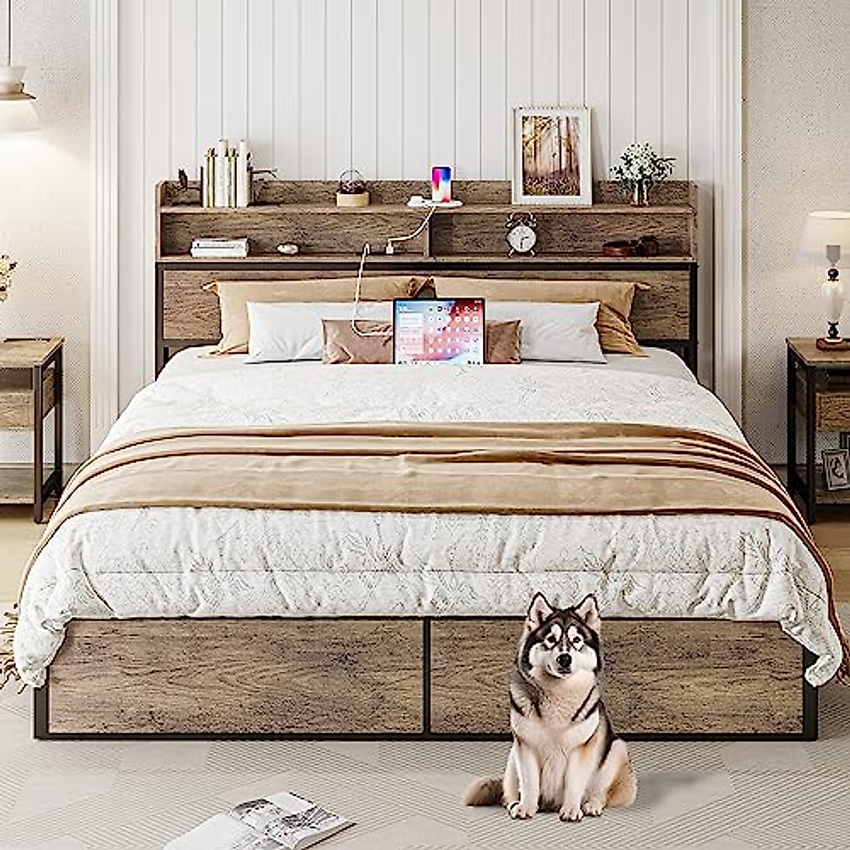 IRONCK King Size Bed Frame, Bookcase Headboard with Charging Station, Platform Storage Bed, Solid and Stable, Noise Free, No Box Spring Needed, Rustic Maple