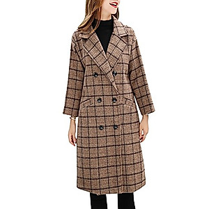 Tanming Women's Double Breasted Long Plaid Wool Blend Pea Coat Outerwear (Brown-M)