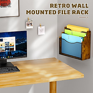 3-Tier Ladder File Organizer, Desk File Organizer with Retro MDF+ Black Metal Frame, Wall Paper Letter Tray Organizer, Wall File Storage Rack, Mesh Desktop Organizers and Accessories for Home Office