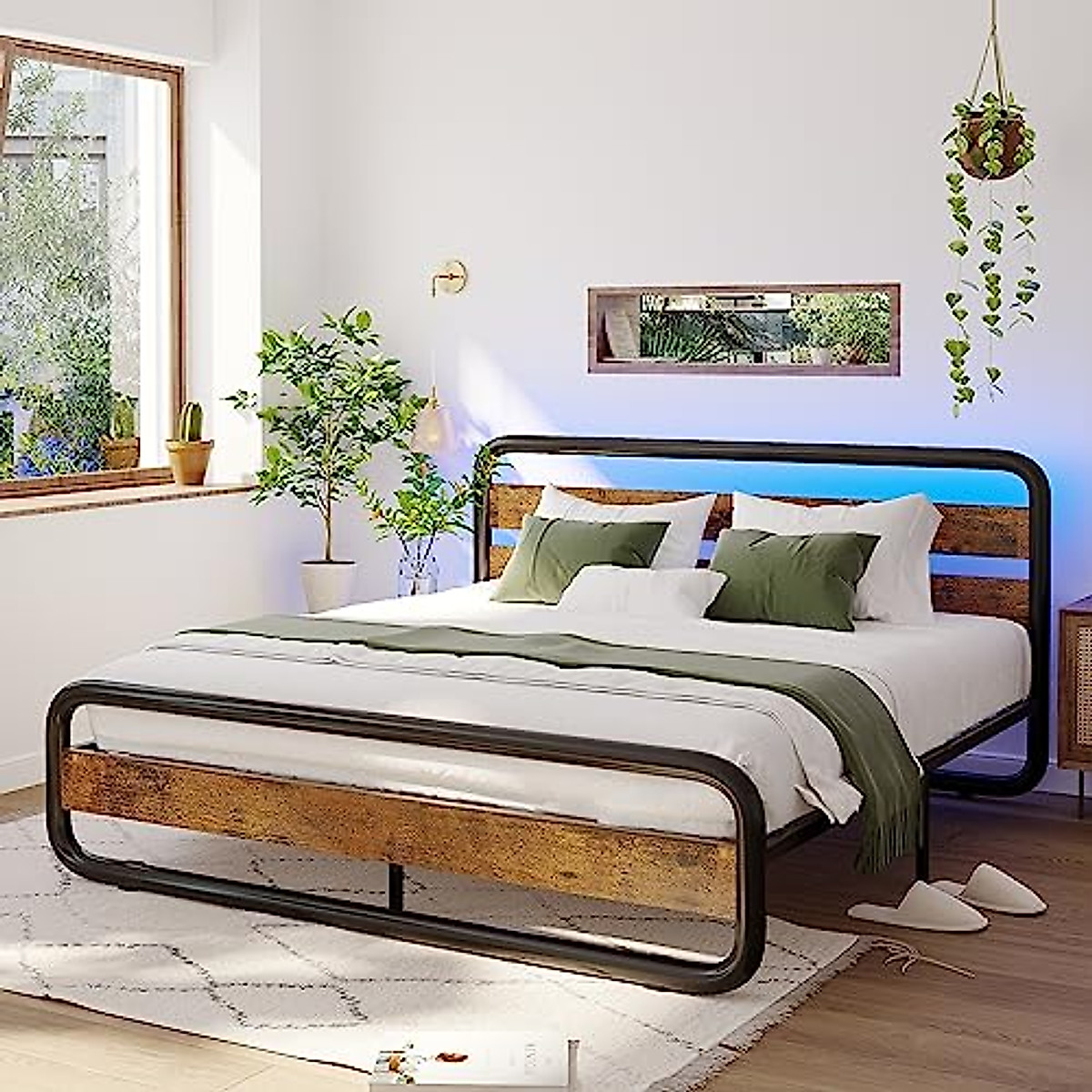 HOMFAMILIA LED Queen Size Metal Bed Frame with Wooden Headboard & Footboard, Heavy-Duty Metal Oval-Shaped Platform Bed Frame w/LED Lights & Under-Bed Storage, Noise Free, No Box Spring Needed, Brown