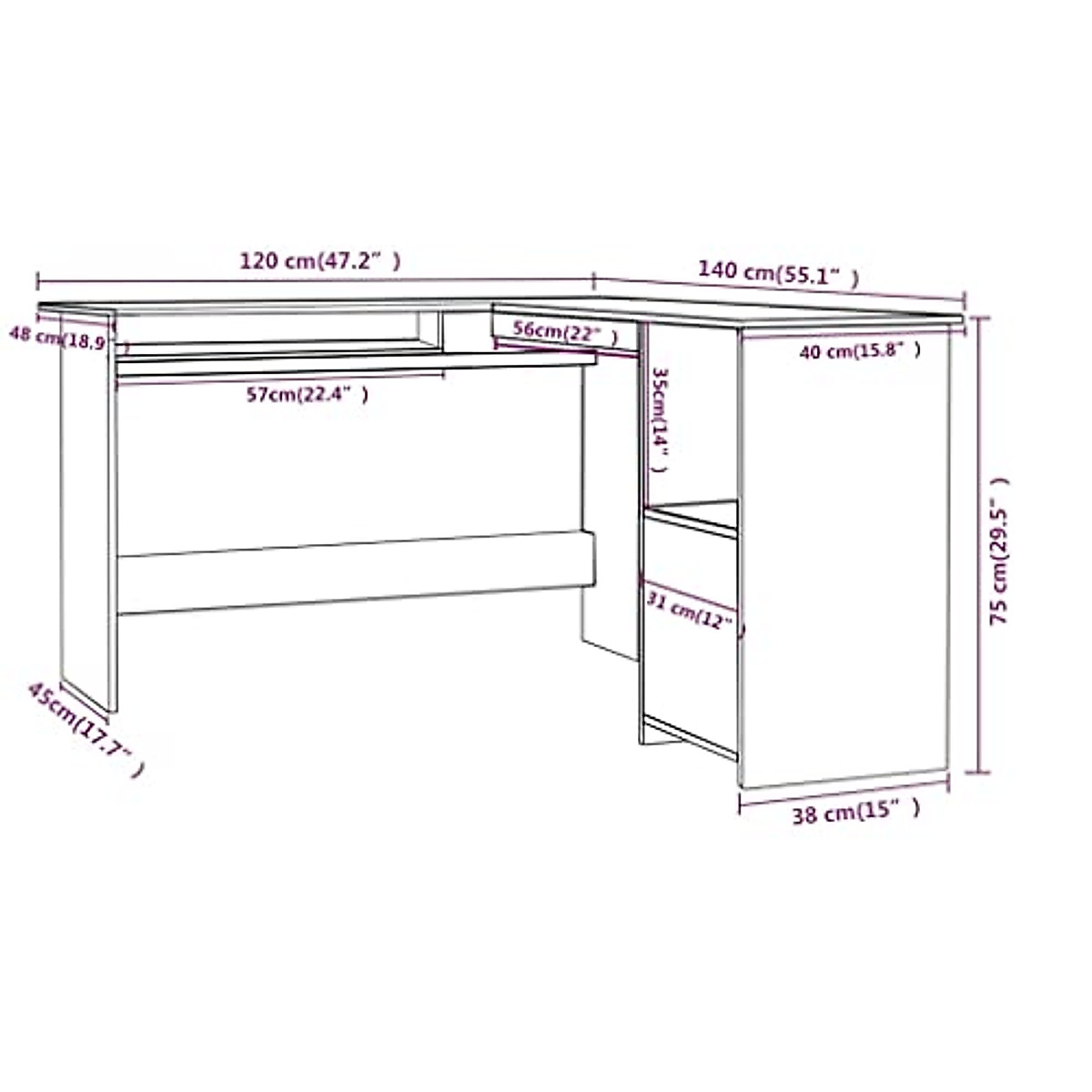 ZQQLVOO L-Shaped Corner Desk,Computer Desk, Worktable, Office Desk, Reading Table, Study Table, Writing Desk,with a Pull-Out Keyboard Tray,with 2 Open Shelves, White 47.2"x55.1"x29.5" Chipboard