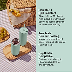 Fellow 16 oz Carter Cold Travel Mug for Water, Iced Tea, Coffee, Smoothies, Iced Coffee & more - Stainless Steel Vacuum-Insulated Iced Coffee tumbler with Spill Resistant lid and straw - Matte White