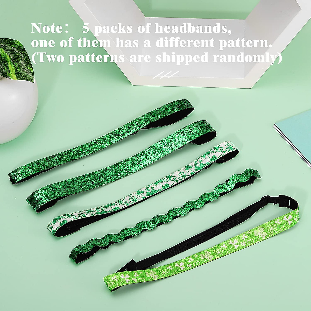 MoKo St Patricks Day Headband 5Pack, Non-Slip Stretchy Green Glitter Clover Headbands Accessories for Women Girls Teens