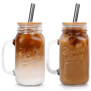 ANOTION Mason Jar with Lid and Straw, 24oz Regular Mouth Mason Jars with Handle Drinking Glasses Tumbler Reusable Cups Smoothie Water Bottles for Iced Coffee (Classic 2 cups Style)