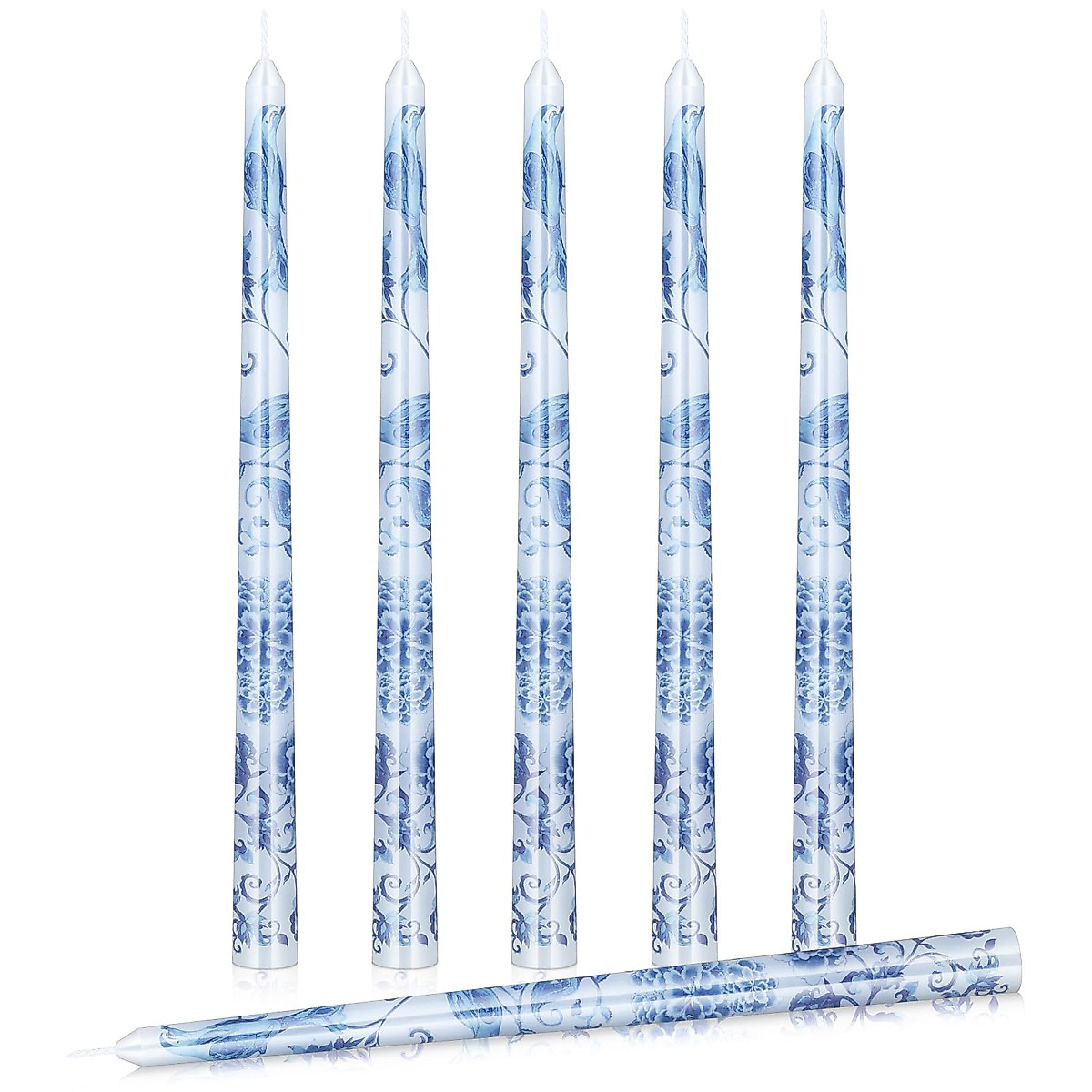 Threlaco 9.8" Blue and White Porcelain Long Taper Candlesticks Christmas Chinoiserie Dripless Candle Decorations Unscented Taper Candles for Party Gift Home Decor