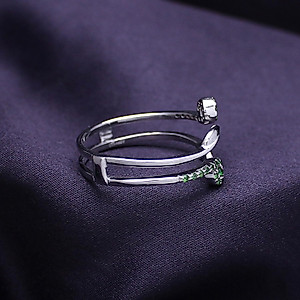 AFFY Round Cut Simulated Emerald Leaf Guard Enhancer Ring in 14k White Gold Over Sterling Silver Ring Size-12