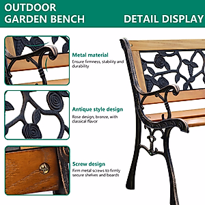 Ruesleag Garden Bench,32" Outdoor Patio Bench Metal and Wood Park Bench Porch Chair for Patio Yard Lawn (Bronze)