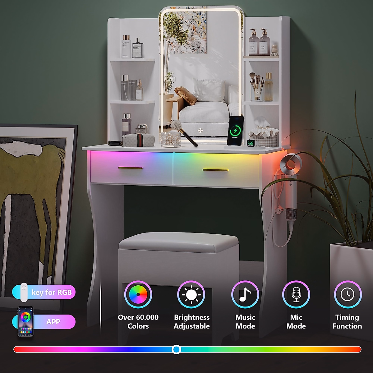Small Vanity Desk with Mirror and Lights, Makeup Vanity Mirror with Lights Desk and Chair & 6 Shelves Compact White Vanity Mirror with RGB LED Lights 3 Lighting Adjustable Dressing Table for Women