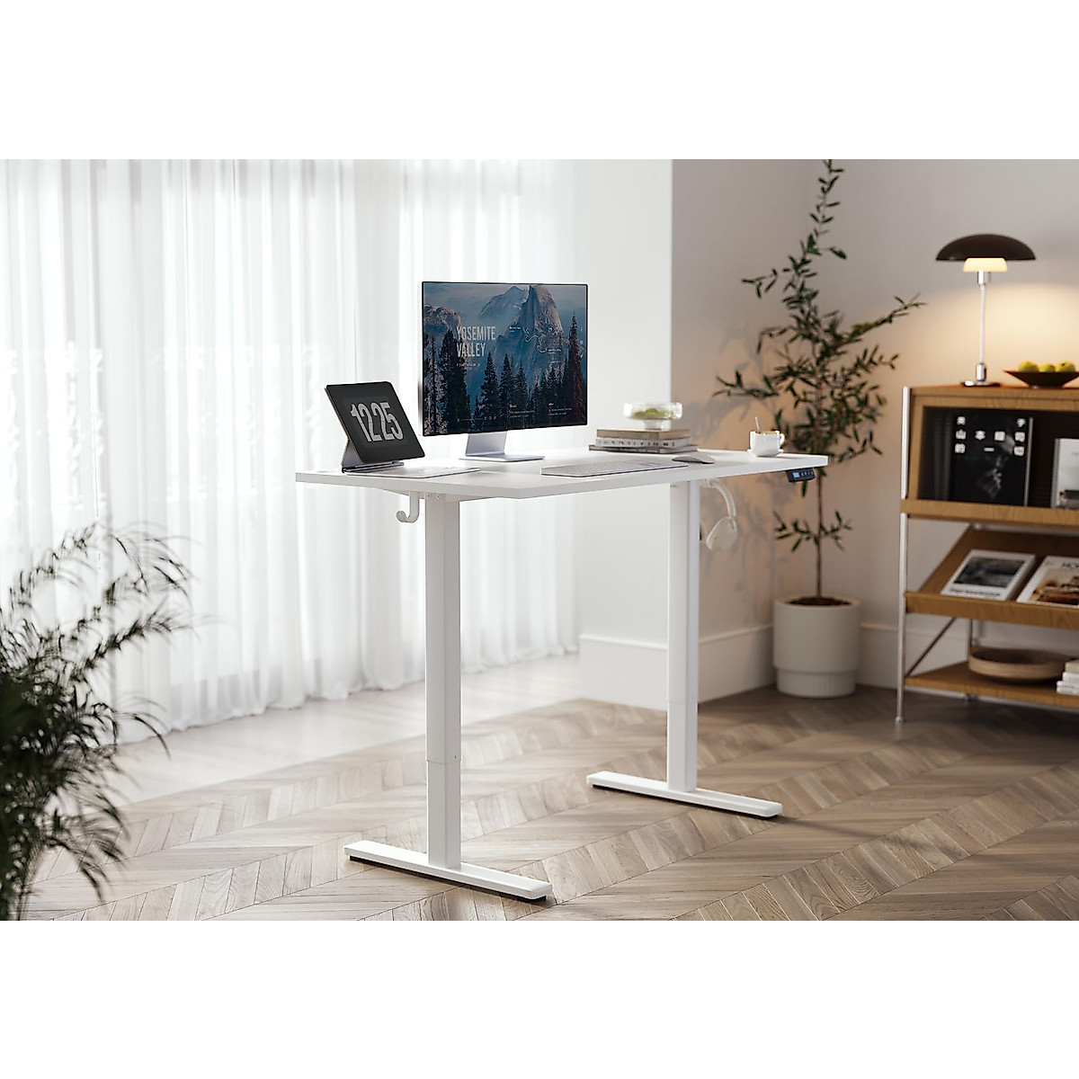Seang Electric Standing Desk with Adjustable Height, 48x24 Inch Stand Up Desk, Sit Stand Desk with Splice Board for Home Office Computer Workstation, White Frame/White Top