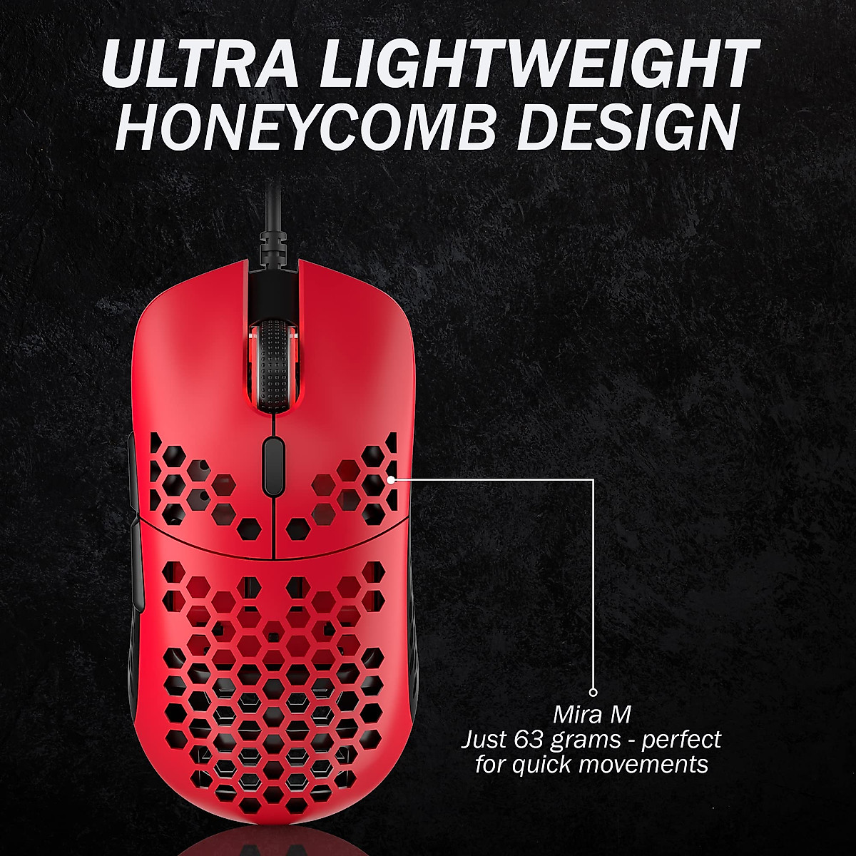 HK Gaming Mira M Ultra Lightweight RGB Gaming Mouse | Honeycomb Shell | 63 Grams | max 12000 cpi | USB Wired | 6 programmable Buttons | On-Board Memory | Anti Slip Grips | Mira-M Monza