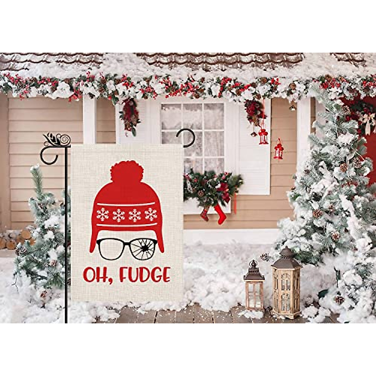 Christmas Winter Garden Flag Hat Garden Flag Oh Fudge Season Farmhouse Decorations Burlap Vertical Double Sided Yard Lawn Outdoor Decor 12.5 x 18 Inch