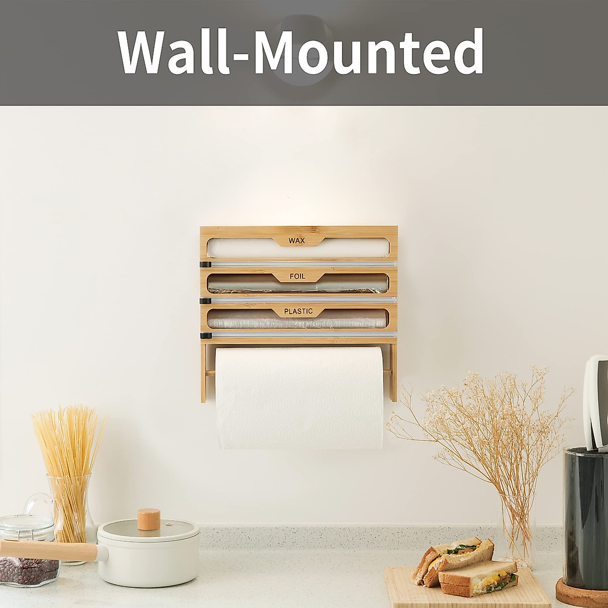 4-in-1 Wrap Dispenser with Slide Cutter - Plastic Wrap, Aluminum Foil, Wax Paper, Towel Roll, Roll Bag Holder Container for Kitchen Drawers - Compatible with 12" Width and Small Thickness Rolls