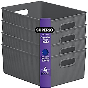 Superio Decorative Plastic Open Home Storage Bins Organizer Baskets, Large Grey (4 Pack) Container Boxes for Organizing Closet Shelves Drawer Shelf - Ribbed Collection 15 Liter/16 Quart