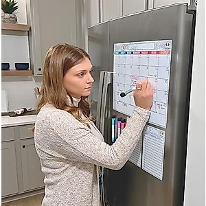 CLEVER CORNER Dry Erase Magnetic Calendar for Refrigerator 16.5x13; 2 Wide Notepads; 4 Markers; Eraser - No Stain Monthly Fridge Calendar Whiteboard