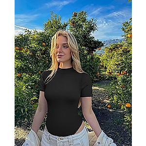 TOB Women's 2 Piece Bodysuits Sexy Ribbed High Neck Short Sleeve Tops Bodysuits Black Beige