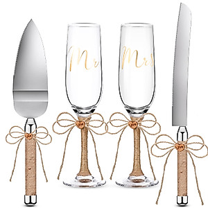 4 Piece Wedding Toasting Flutes and Cake Server Set Wedding Reception Supplies Champagne Glasses Cake Knife Pie Server (Burlap Bow)