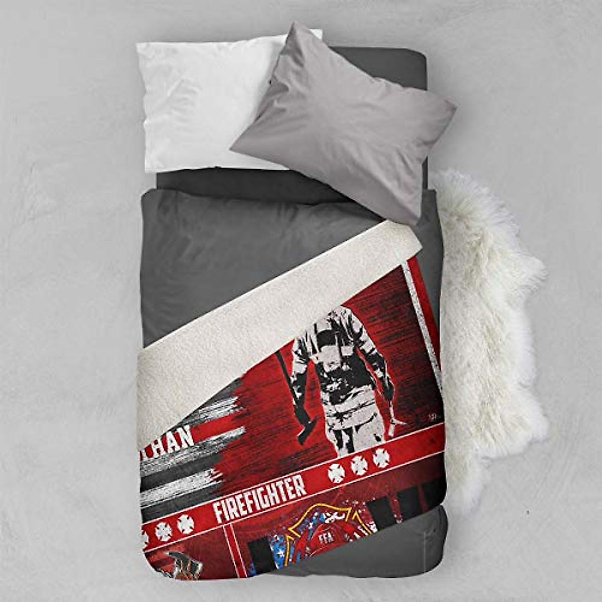 VTH GLOBAL Personalized Custom Name Unit Number Volunteer Firefighter Thin Red Line Redline Fireman American Flag Fleece Sherpa Throw Christmas Birthday Blanket Twin Queen Size Tapestry Wall Hanging