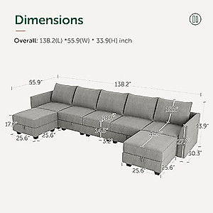 HONBAY Modern Fabric Corner Sectional Sofa Modular Sectional Couch with Ottoman U Shape Sofa 7 Seater Couch with Storage for Living Room, Grey