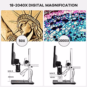 Andonstar AD249S-M 10.1 Inch HDMI Digital Microscope 2000x for Adults, 3 Lens 2160P UHD Video Record, Soldering Microscope, Coin Microscope, Biological Microscope Kit with 32G Card, Windows Compatible