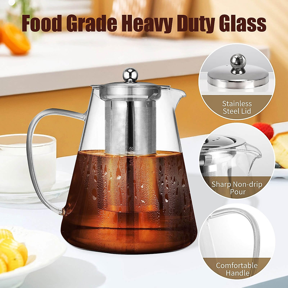 44 OZ Glass Tea Pot with Lid, Stovetop Safe Tea Kettle Pot with Removable Stainless Steel Filter, Glass Water Pitcher for Beverage, Milk, Lemonade and Coffee, Tea Maker