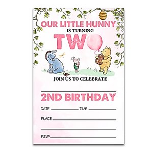 Dolimifa Winnie the Pooh 2nd Birthday Invitations Fill in Style Watercolors Winnie the Pooh Bear Pink Balloon Our Little Hunny Winnie Second Birthday Invites for 2 Year Old, 20 Count With Envelopes