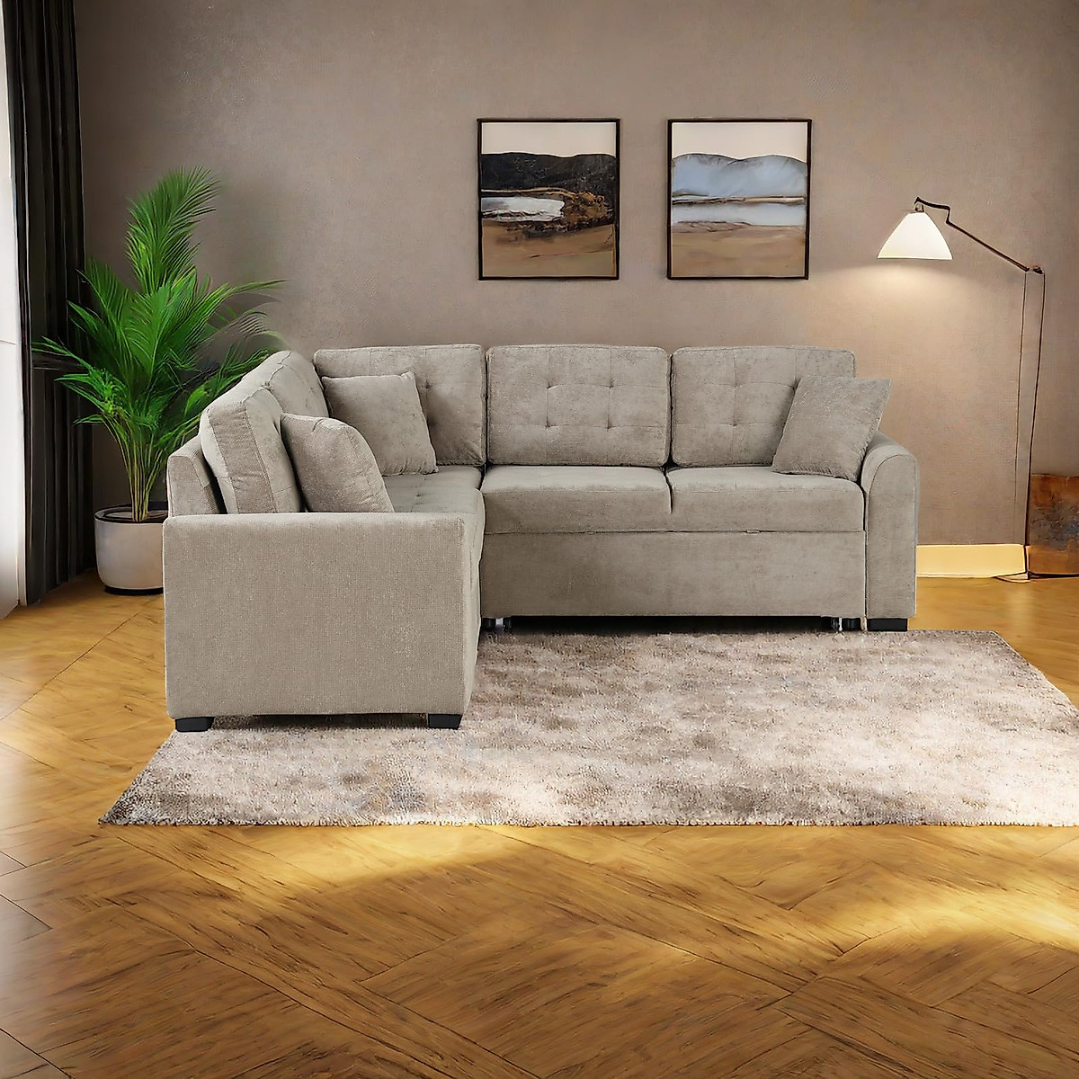 ChicFurnit 82.6-Inch L-Shape Sofa Bed with Pull-Out Sleeper & Wheels,Modular Couch with USB Ports & Power Sockets,Three Pillows with Removable Cover,for Living Room,Khaki