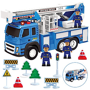 Police Fire Truck Toy - 1:12 Scale Push and Go Realistic Vehicle Playset, 3 Law Enforcement Fire Trucks Action Figure, Extendable Ladder, Accessories w/Lights Sounds for Kids 3 4 5 6 7 8 Year Old