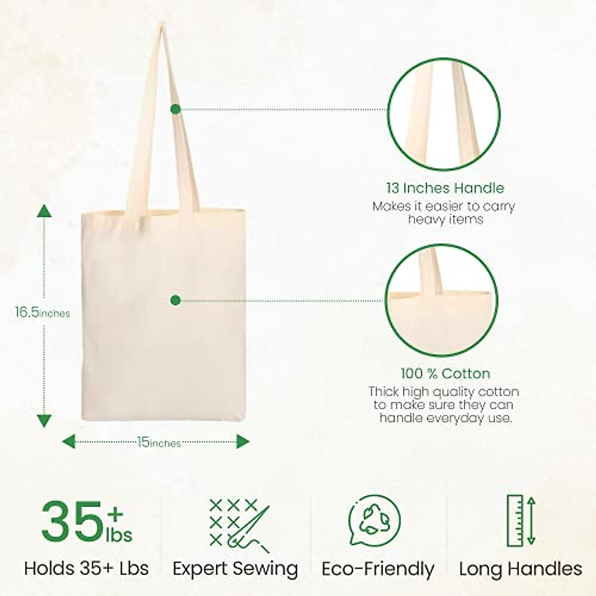 Greenmile Canvas Tote Bags Bulk 15 Pack - 15x16.5 Inch - 6 oz - Large Plain Canvas Tote Bags Premium Economical Blank Reusable Grocery Bags, Thick Shopping Canvas Bags for Arts & Craft DIY Promotion