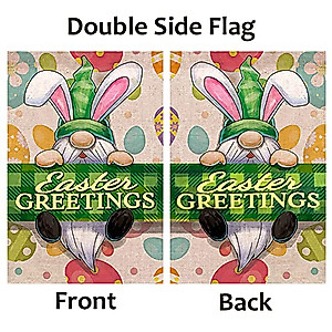 Happy Easter Light Up Garden Flag, Gnomes Solar Easter Greetings Ligthed Flag with Flagpole Spring Outside Yard Outdoor Home Decoration 12×18 Inch